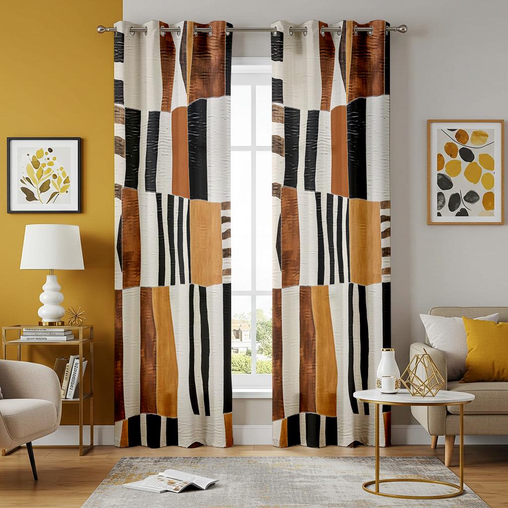 Modern Abstract Geometric Curtains, Black Brown Mustard Window Drapes ...