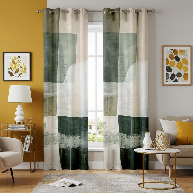 Green Abstract Landscape Curtain, Modern Nature Inspired Eyelet Drapes ...