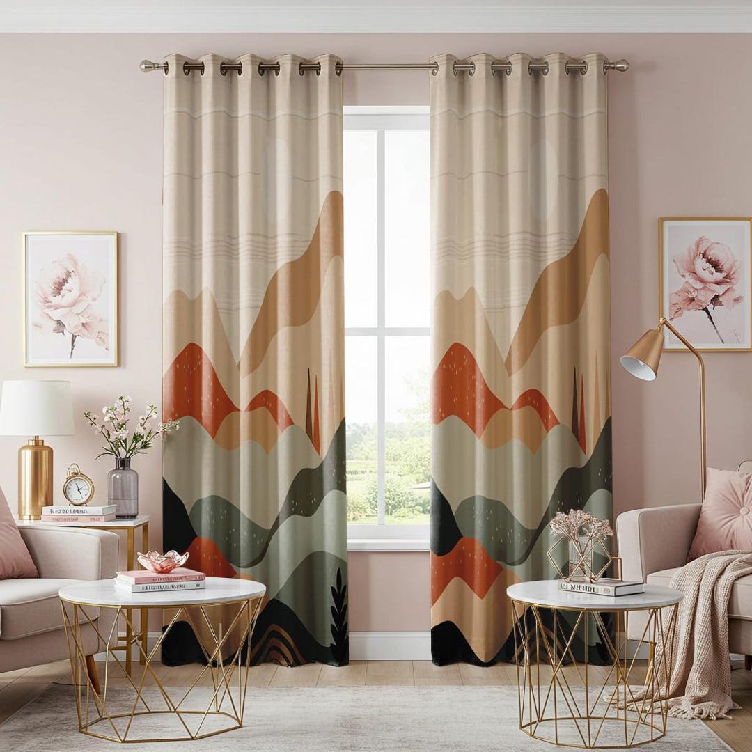 Boho Landscape Curtains, Minimalist Mountain Sunset Drapery, Modern ...