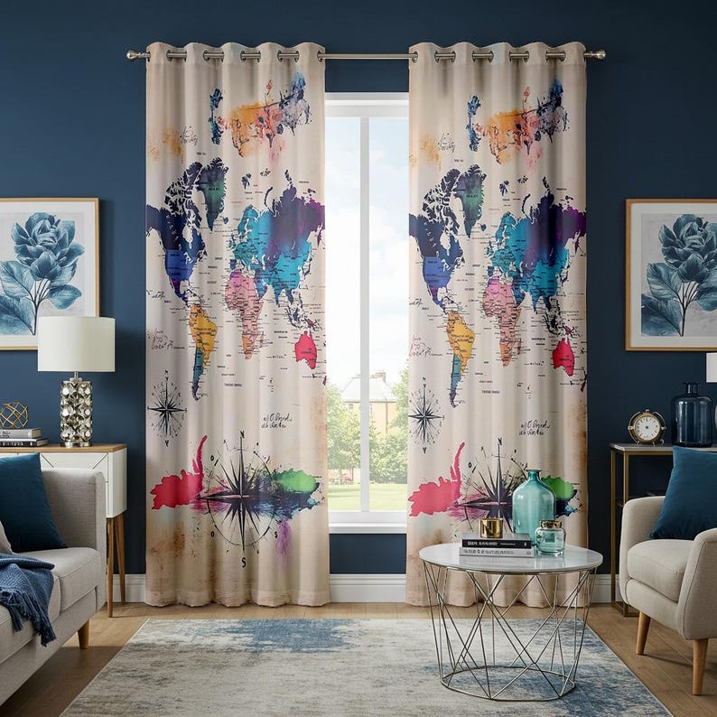 Colorful World Map Curtain, Travel Inspired Window Drape, Modern ...