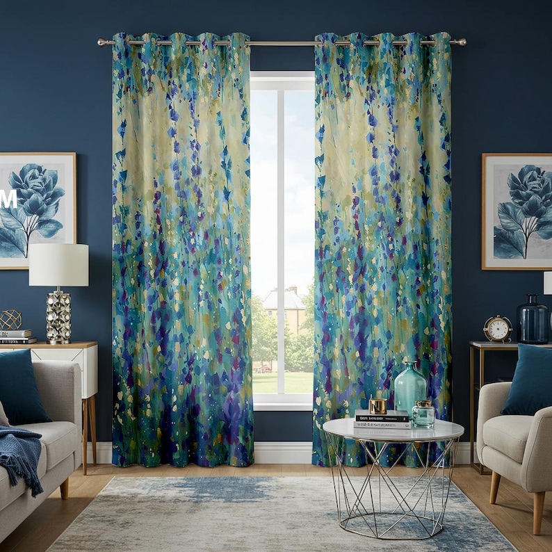 Blue Green Watercolor Floral Curtains, Drips & Abstract Petals Window ...