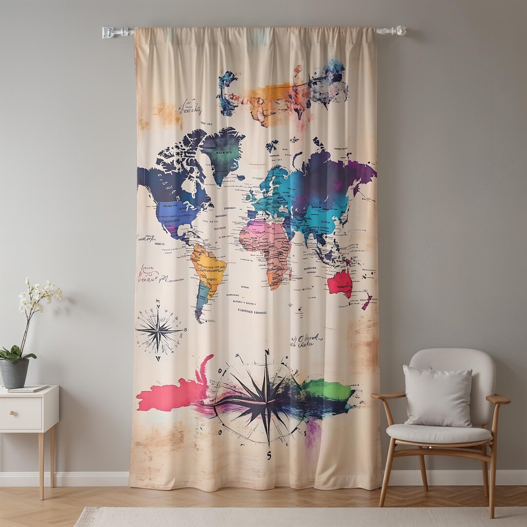 Colorful World Map Curtain, Travel Inspired Window Drape, Modern ...