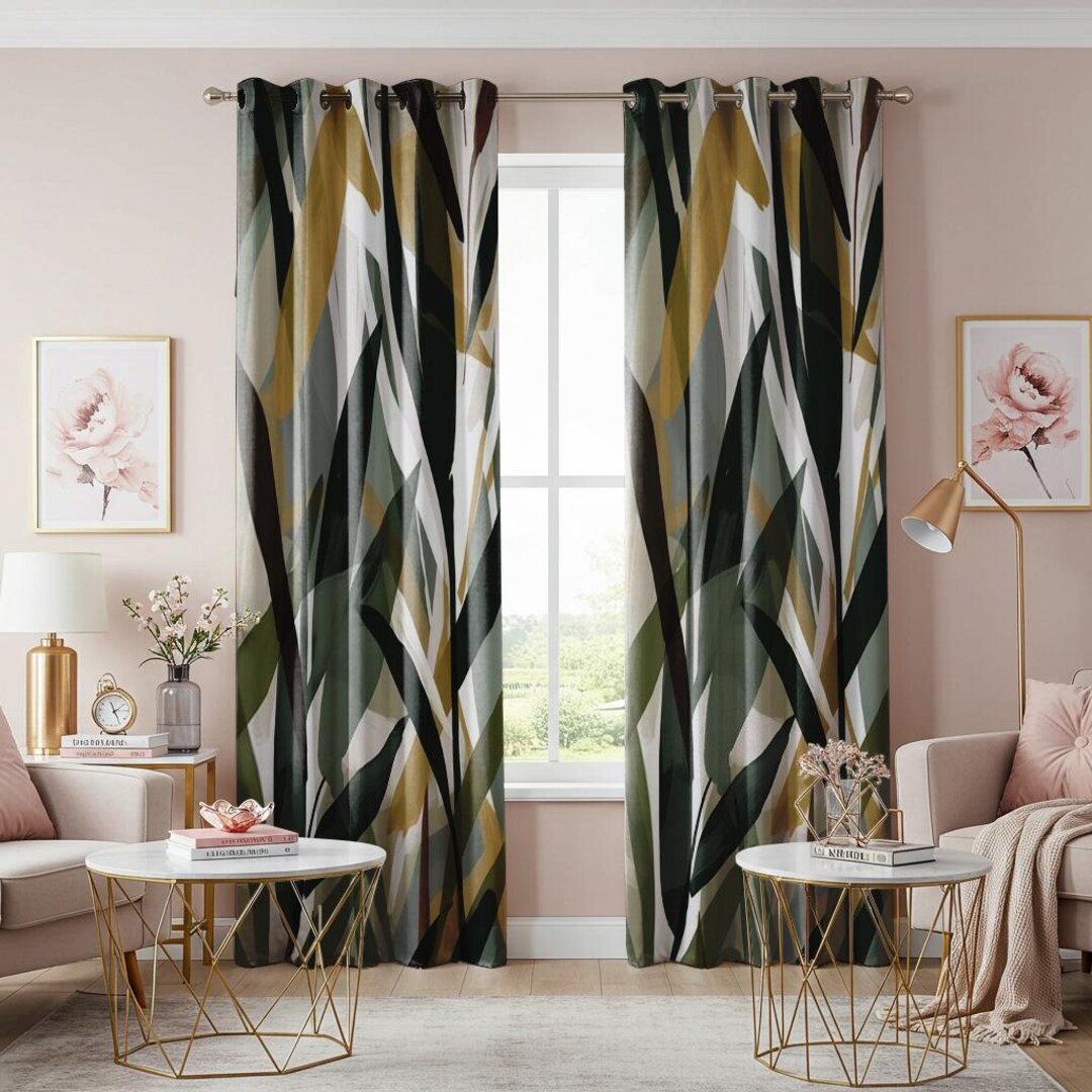 Modern Abstract Botanical Curtain Panel Tropical Leaf Design in Earthy ...