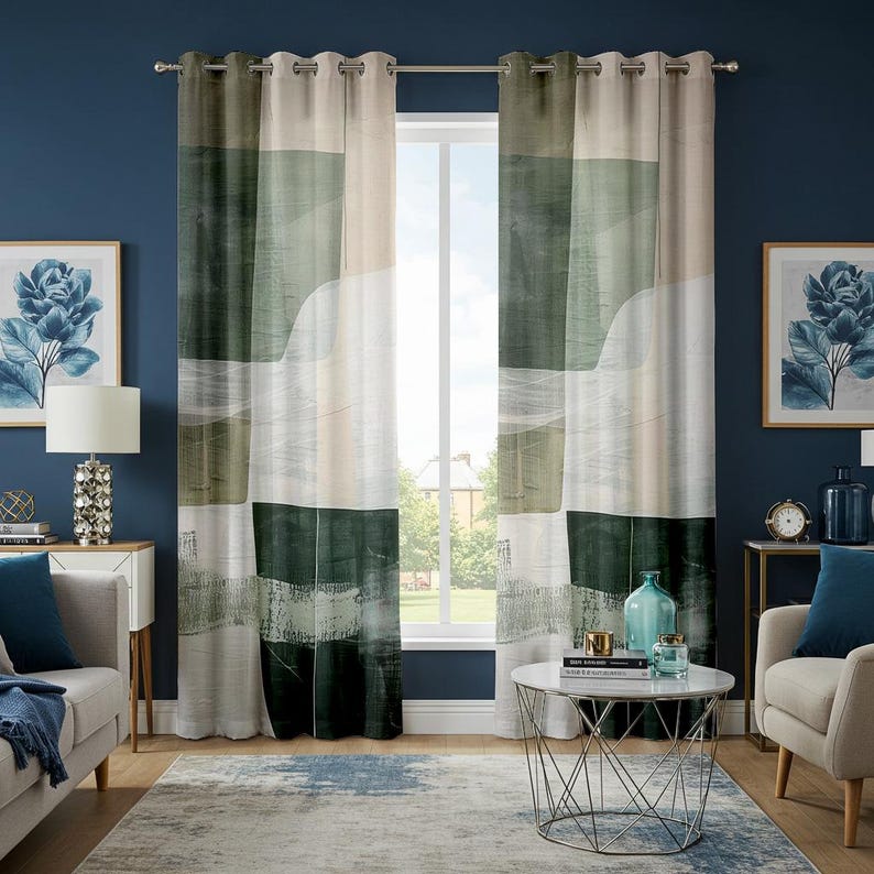 Green Abstract Landscape Curtain, Modern Nature Inspired Eyelet Drapes ...