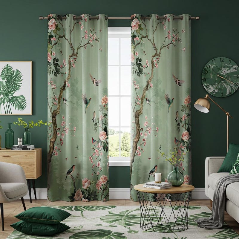 Green Drapes With Birds - Etsy UK