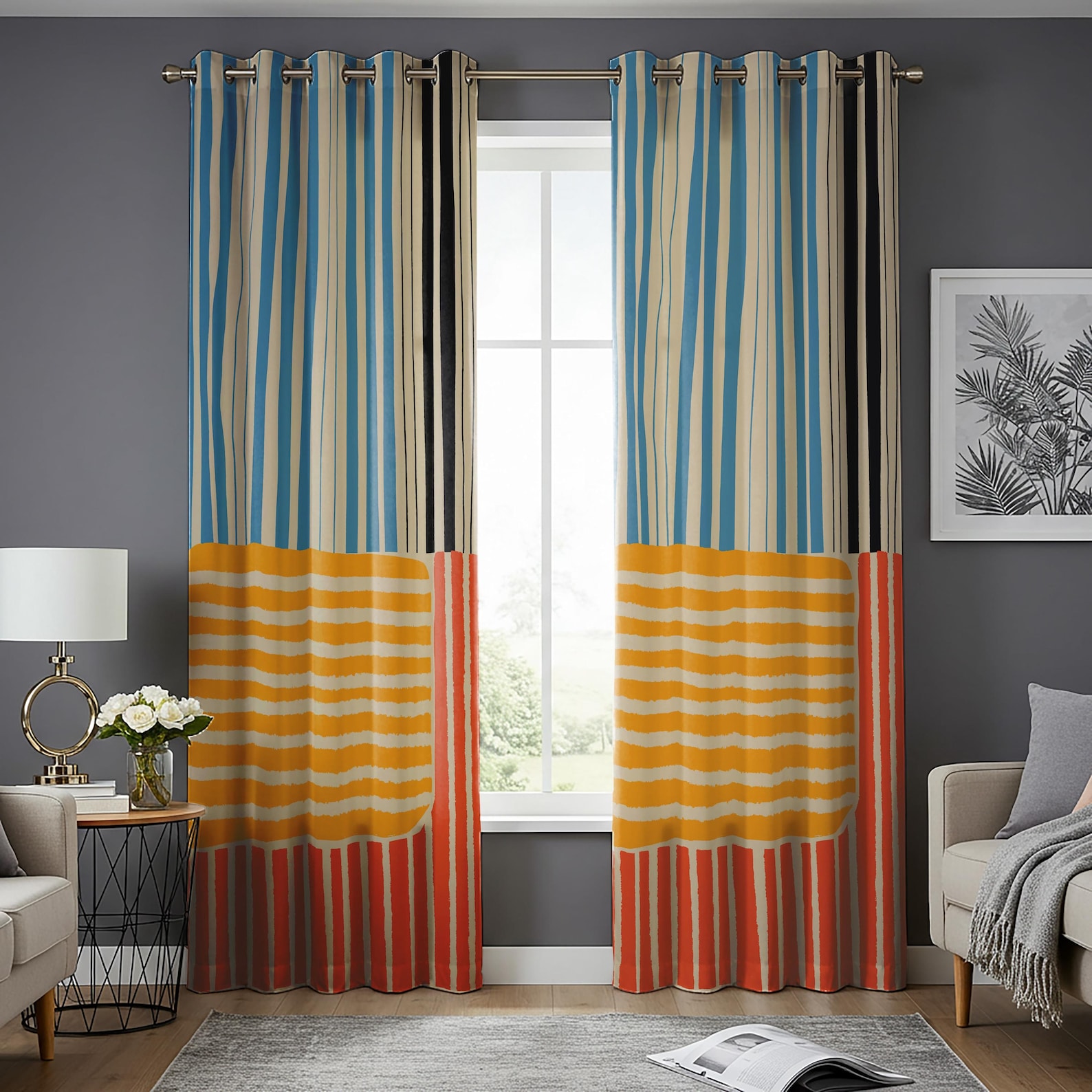 Colorblock Striped Curtains, Modern Eyelet Drapes With Blue, Yellow ...