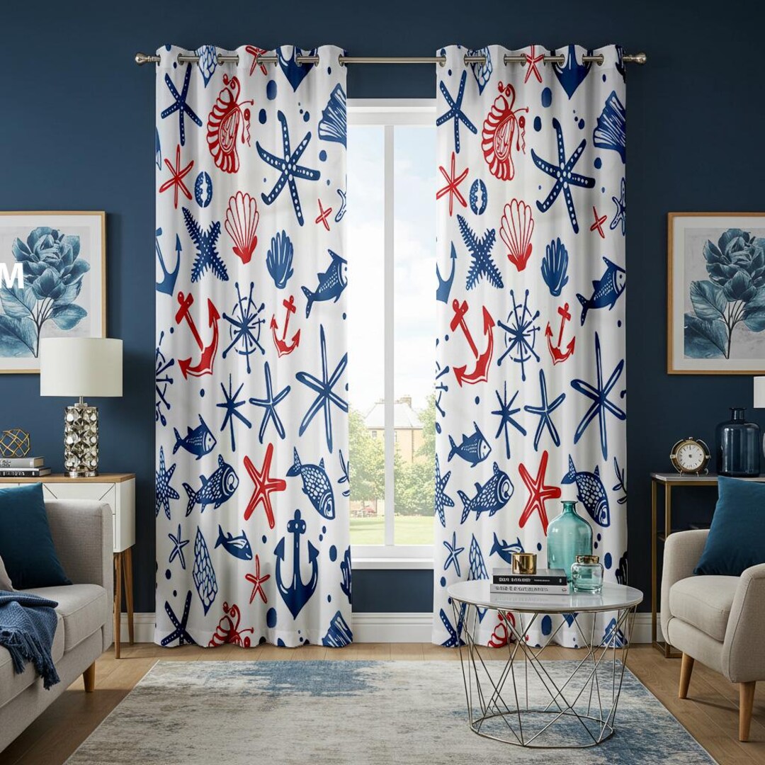 Nautical Coastal Curtains, Red & Blue Ocean Window Drapes, Beach House ...