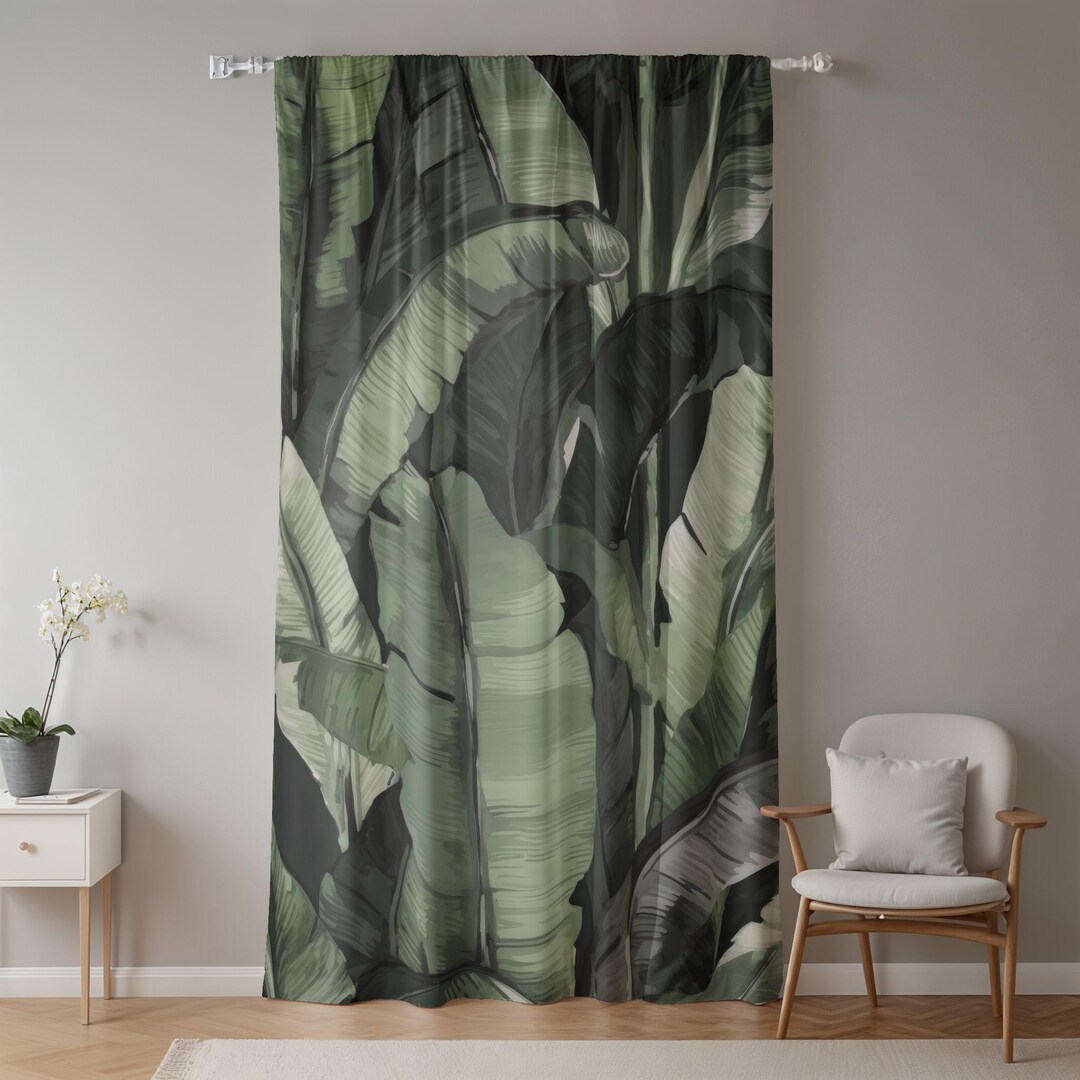 Banana Leaf Tropical Print Curtain Panel, Lush Green Custom Length ...