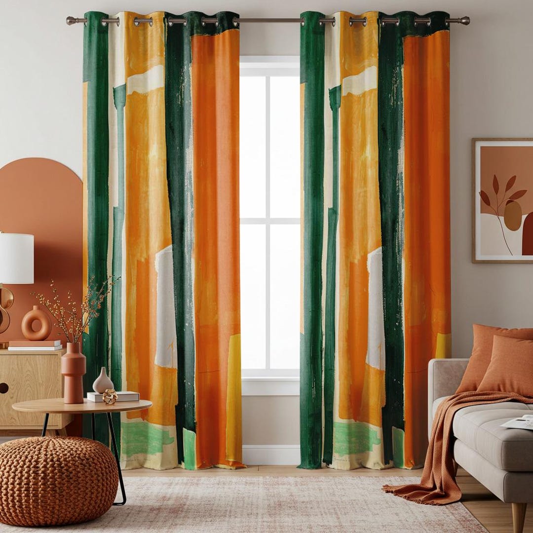 Modern Abstract Curtains, Earth Tone Colorblock Drapes, Orange & Green ...