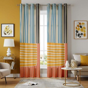Colorblock Striped Curtains, Modern Eyelet Drapes With Blue, Yellow ...