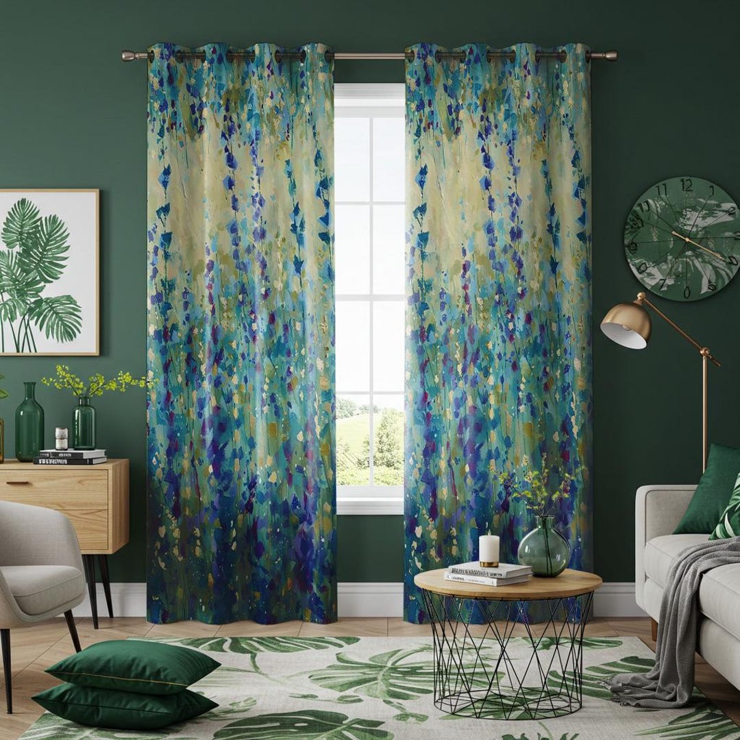 Blue Green Watercolor Floral Curtains, Drips & Abstract Petals Window ...