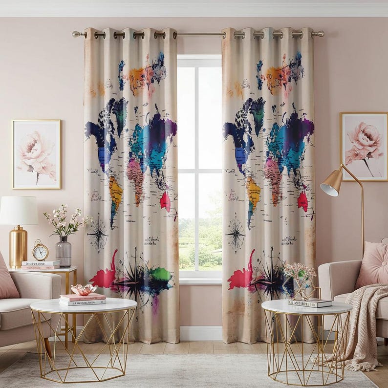 Colorful World Map Curtain, Travel Inspired Window Drape, Modern ...