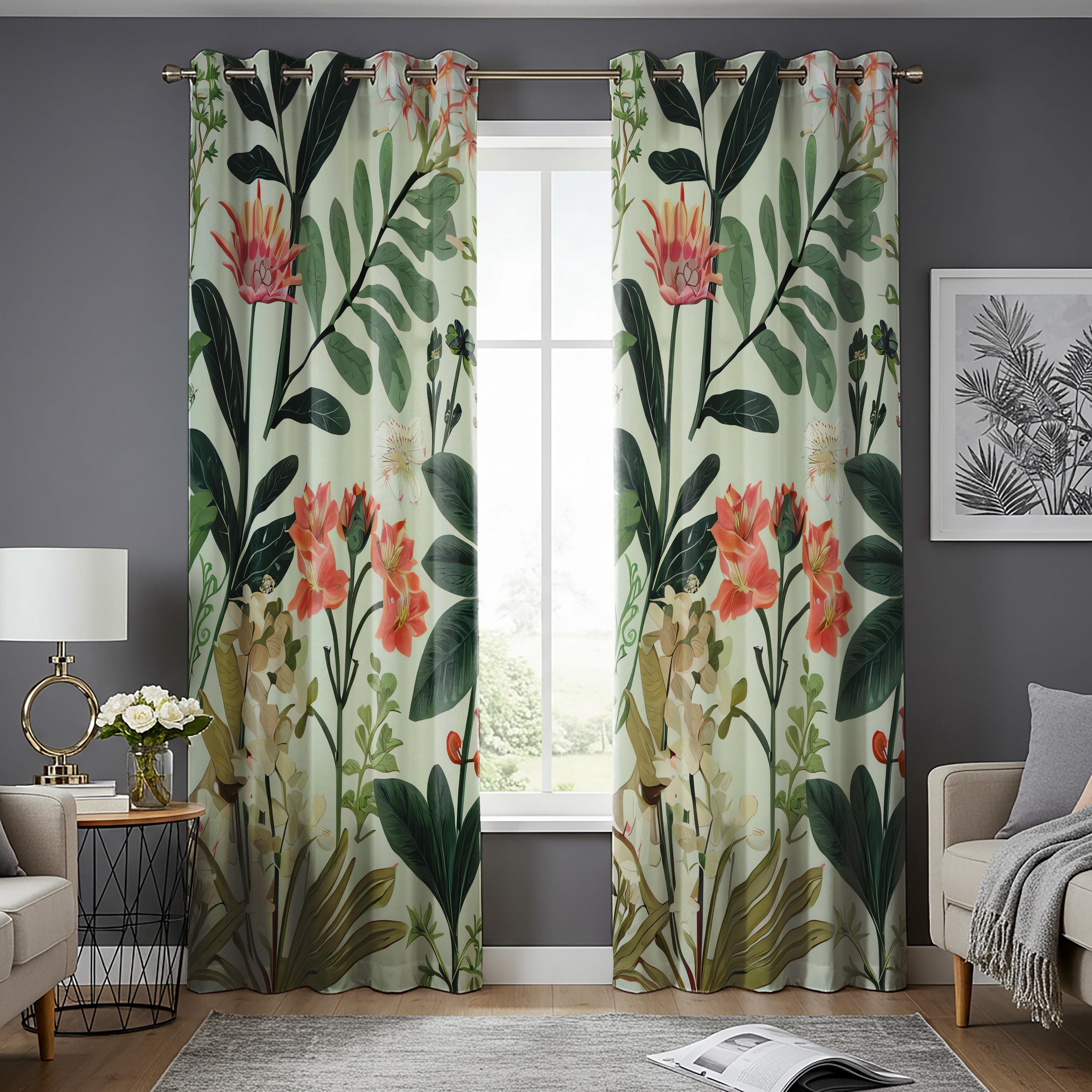 Tropical Botanical Floral Curtain, Vibrant Greenery and Flower Print ...
