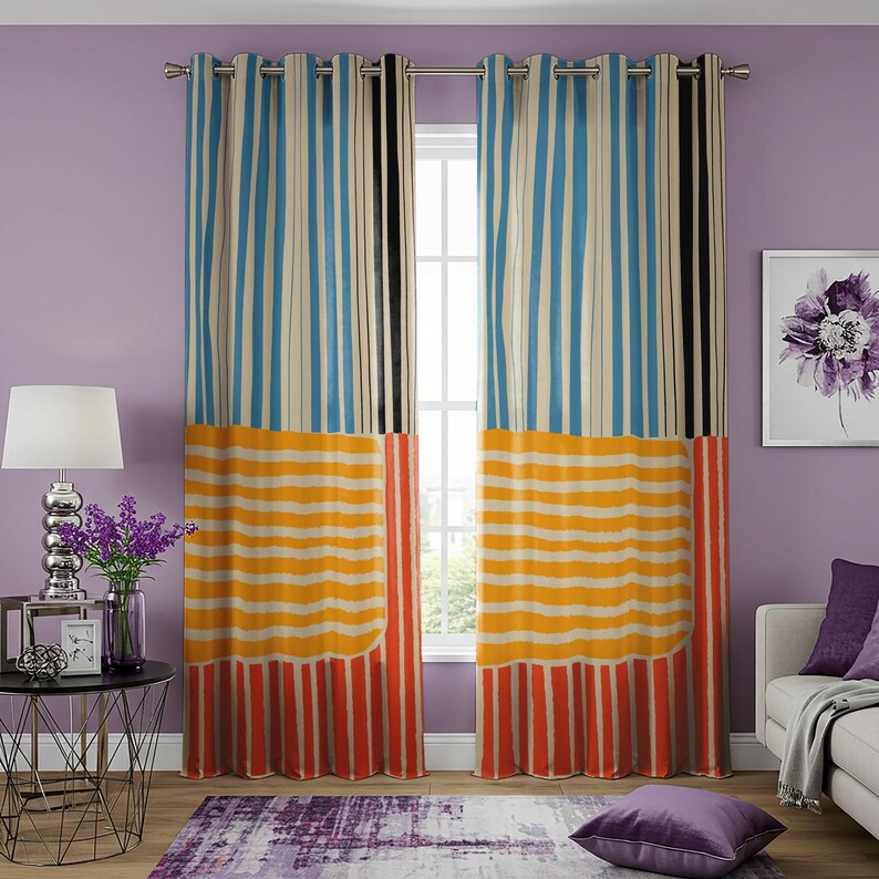 Colorblock Striped Curtains, Modern Eyelet Drapes With Blue, Yellow ...