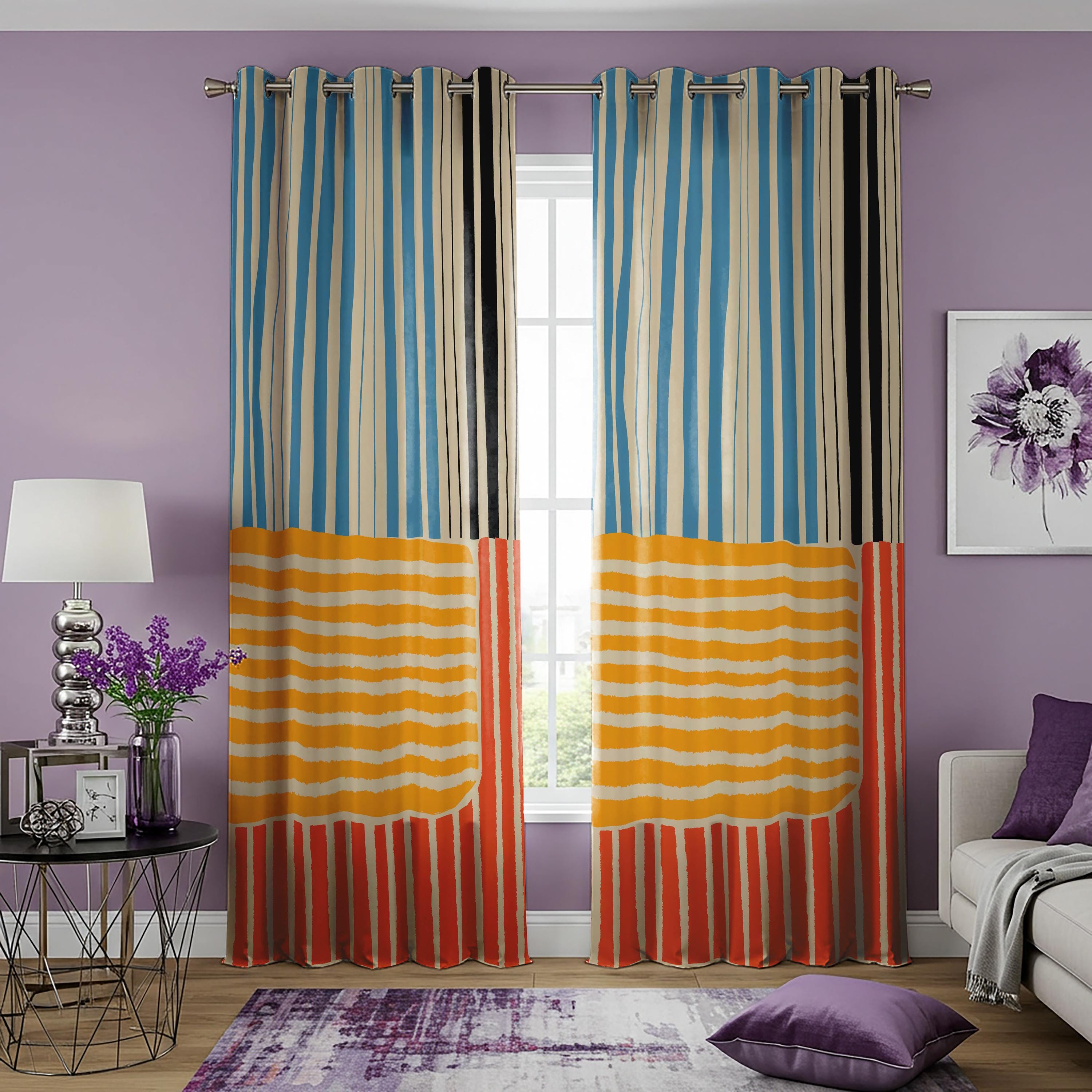 Colorblock Striped Curtains, Modern Eyelet Drapes With Blue, Yellow ...