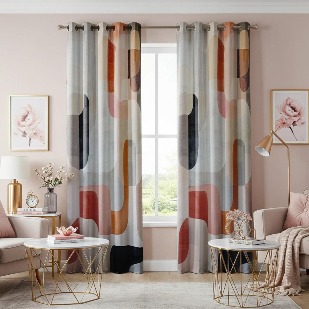 Modern Abstract Art Curtain Panel, Neutral and Earth Tone Drape ...