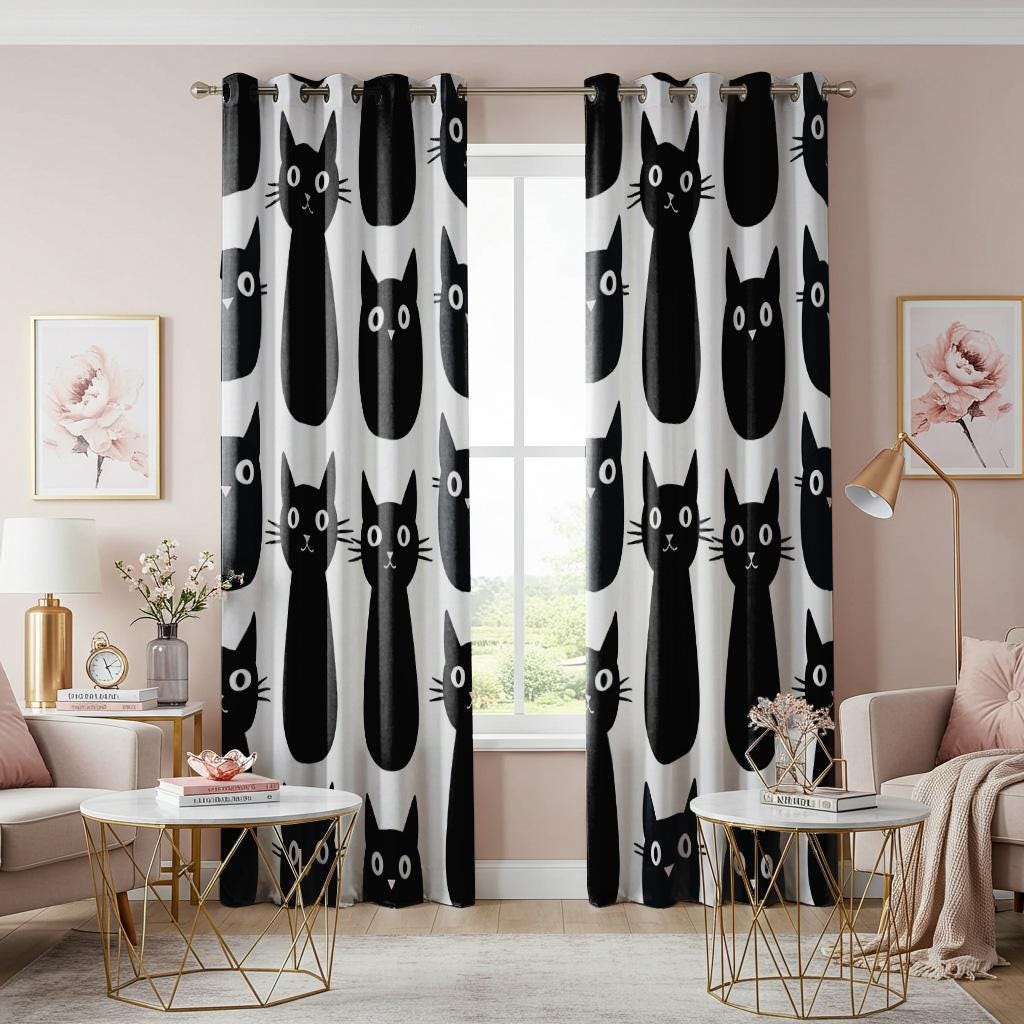 Black Cat Pattern Curtains, Cute Minimalist Cat Print Drapes ...