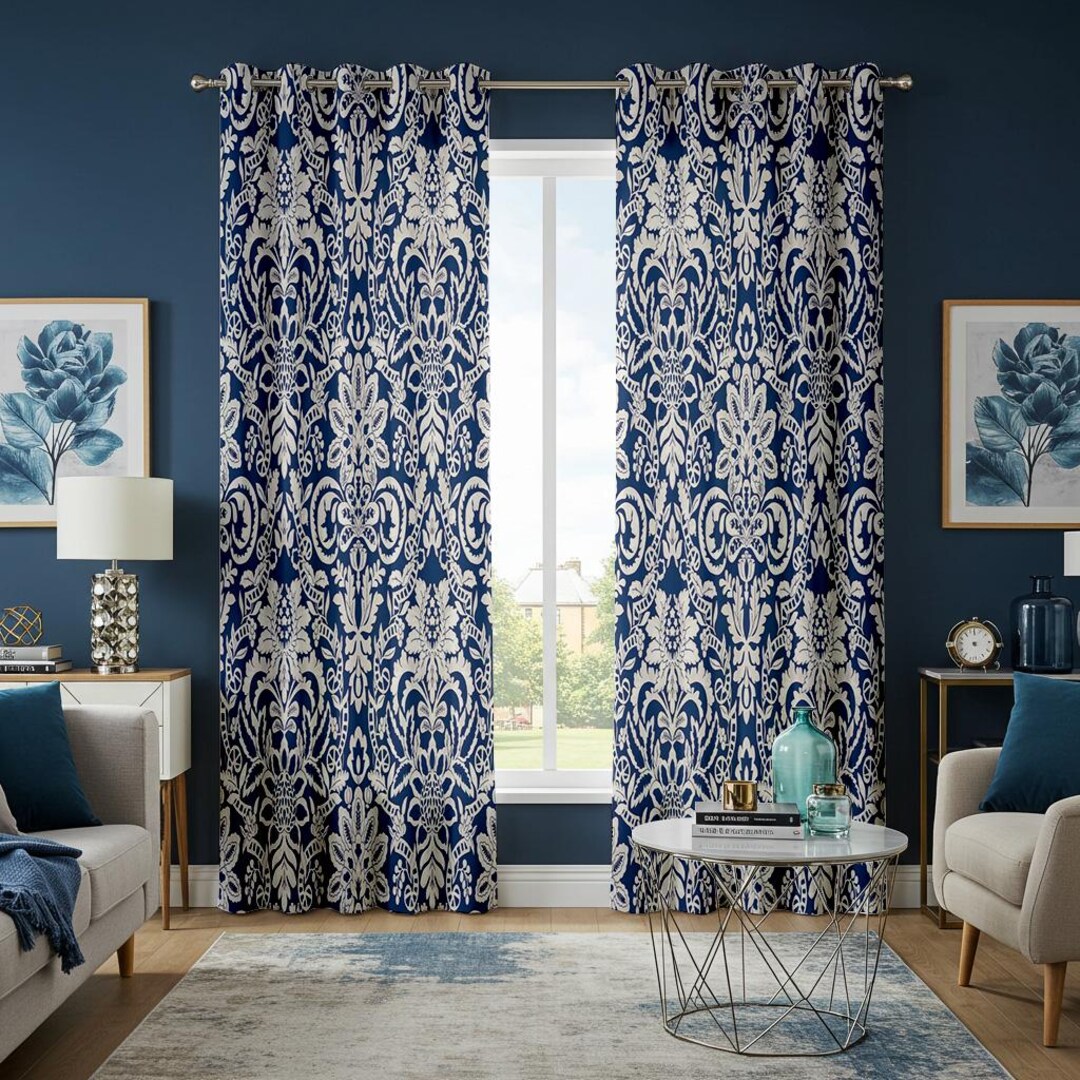 Navy Blue Damask Curtains, Floral Pattern Drapes, Classic Farmhouse ...