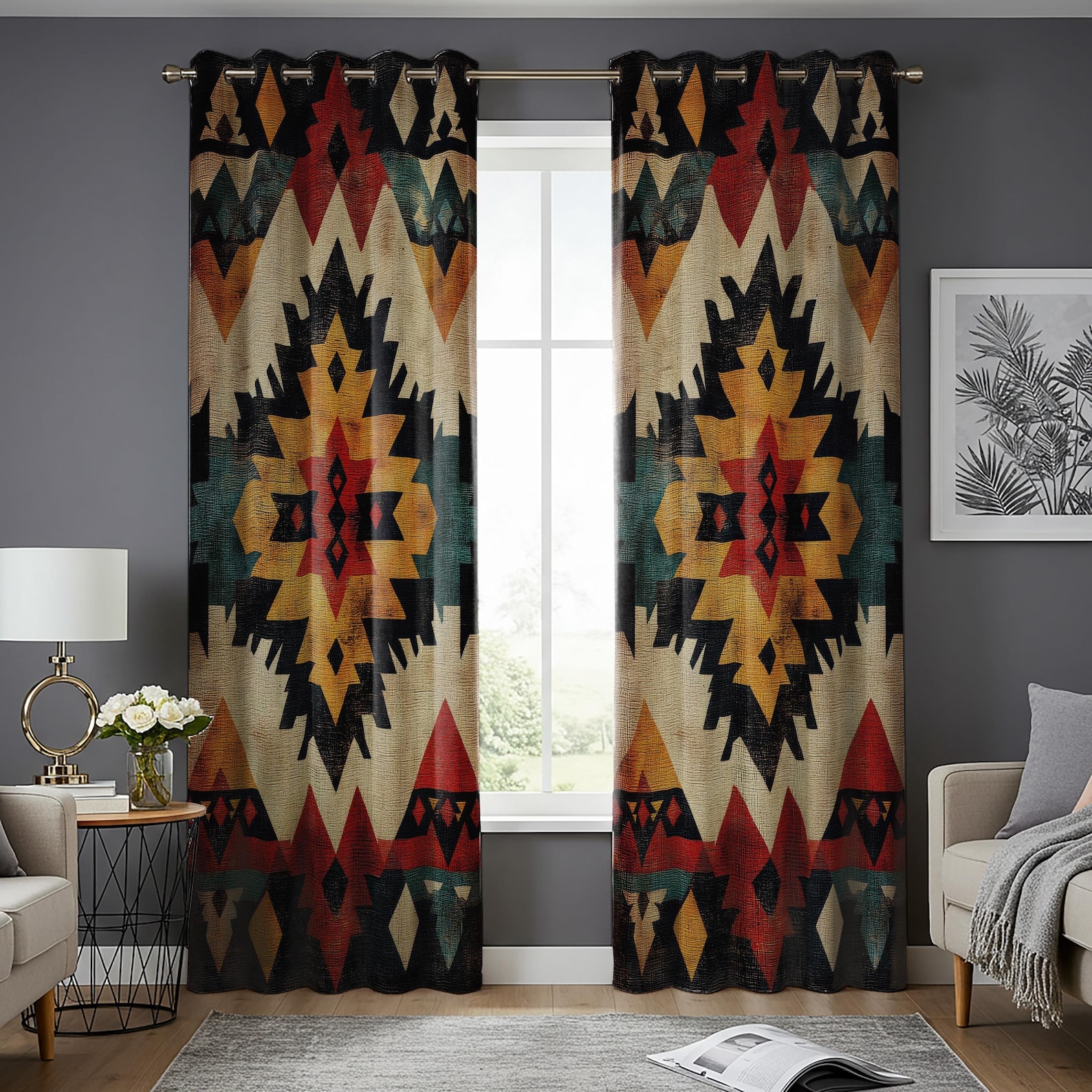 Southwestern Aztec Curtains, Tribal Geometric Window Panels, Rustic ...