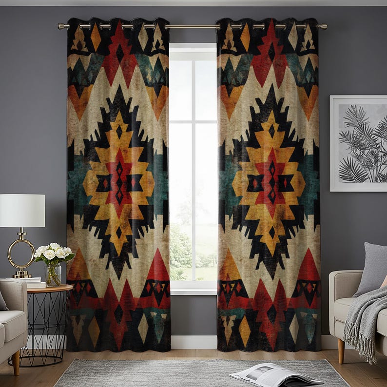 Southwestern Aztec Curtains, Tribal Geometric Window Panels, Rustic ...