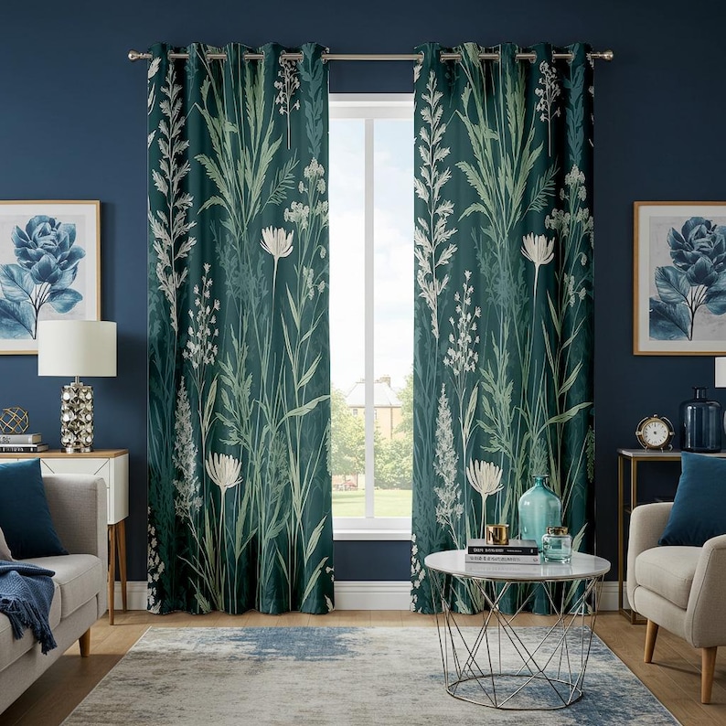 Dark Green Wildflower Curtains, Botanical Meadow Drapes, Nature Print ...