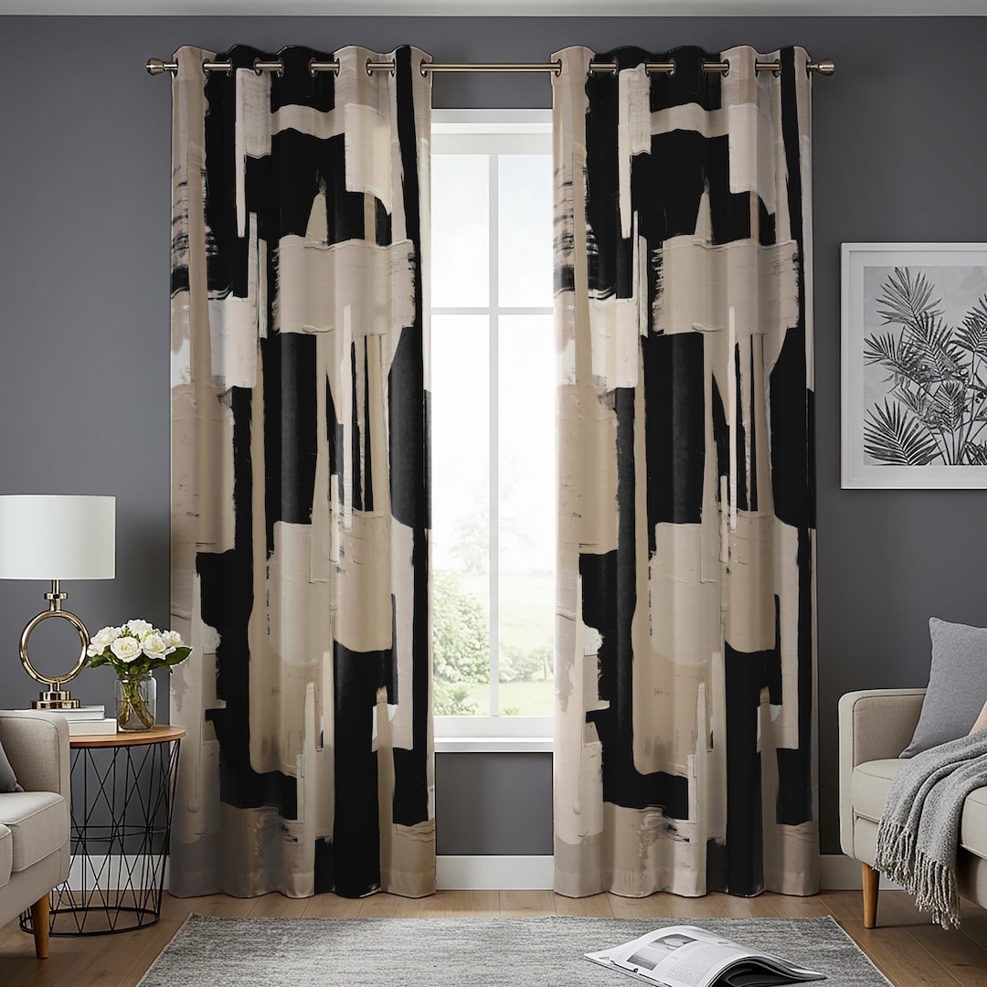 Modern Abstract Black and Beige Curtains, Minimalist Brushstroke Window ...