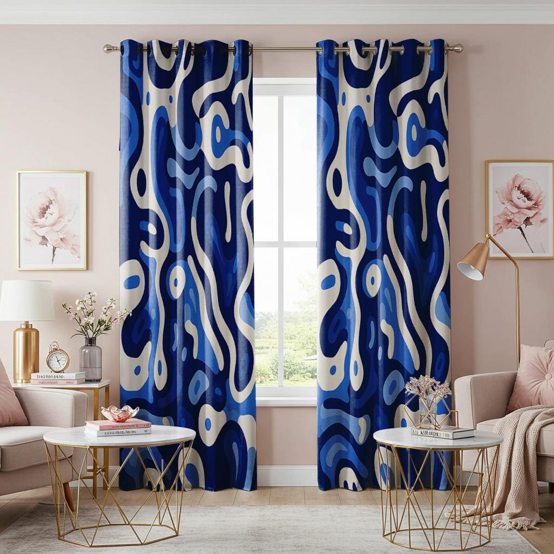 Modern Abstract Blue Pattern Curtain Panel, Fluid Geometric Design ...