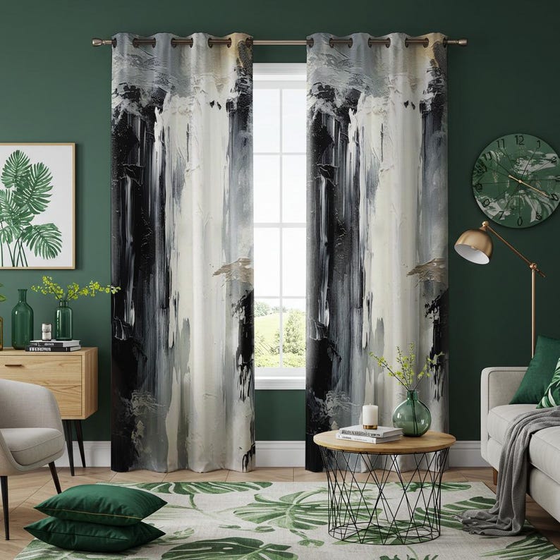 Black and White Abstract Curtain, Modern Monochrome Eyelet Drapes, Made ...