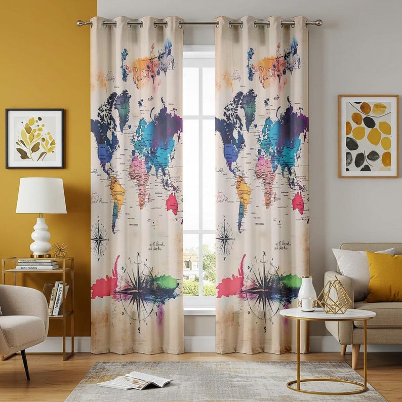Colorful World Map Curtain, Travel Inspired Window Drape, Modern ...
