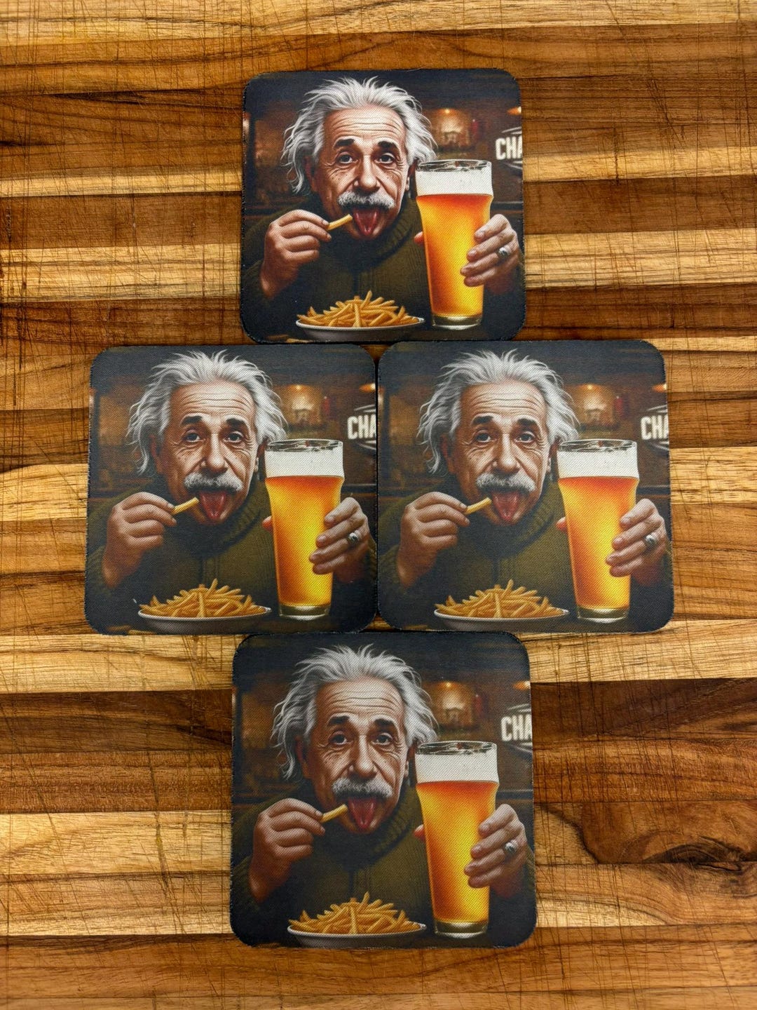Albert Einstein Drinking Beer Eating French Fries Coaster Set: Unique Home Decor - Protect Your ...