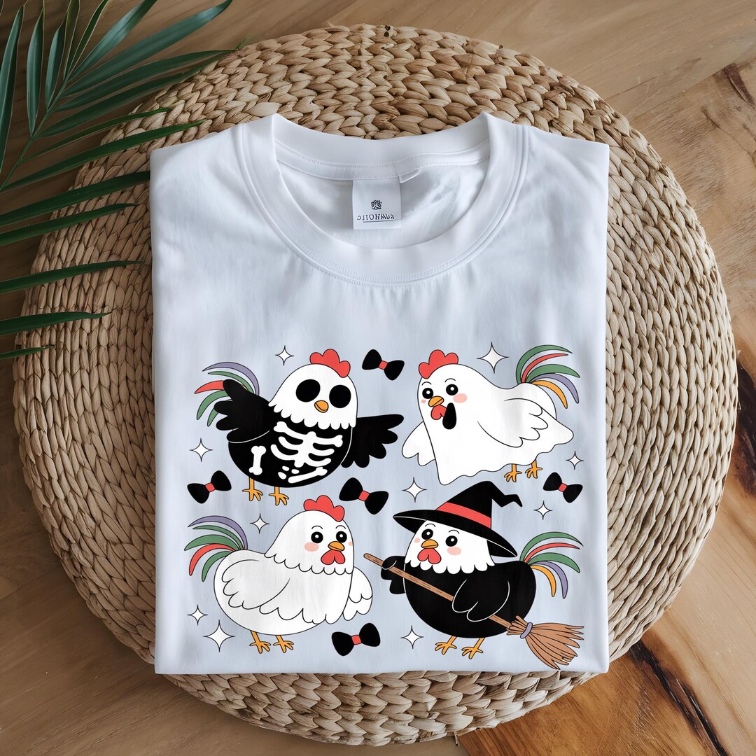 Funny Halloween Chicken Shirt - Cute Ghost & Skeleton Rooster Tee ...