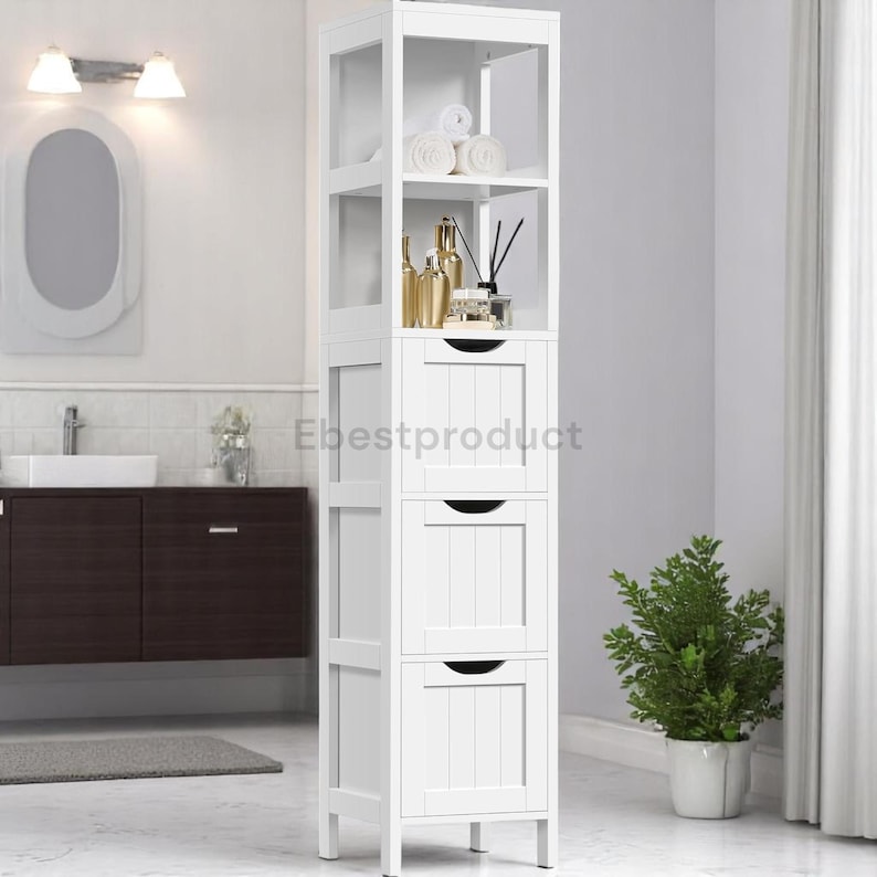 Slim White Linen Tower: Narrow Bathroom Storage Cabinet With Drawers - Etsy