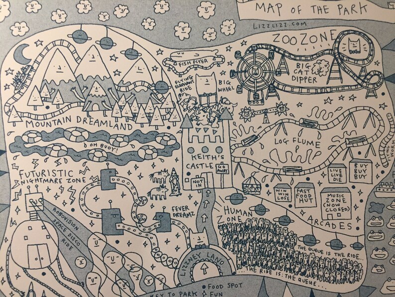 Riso Print: theme Park Map A4 Size Limited Edition Lizz Lunney Comic - Etsy