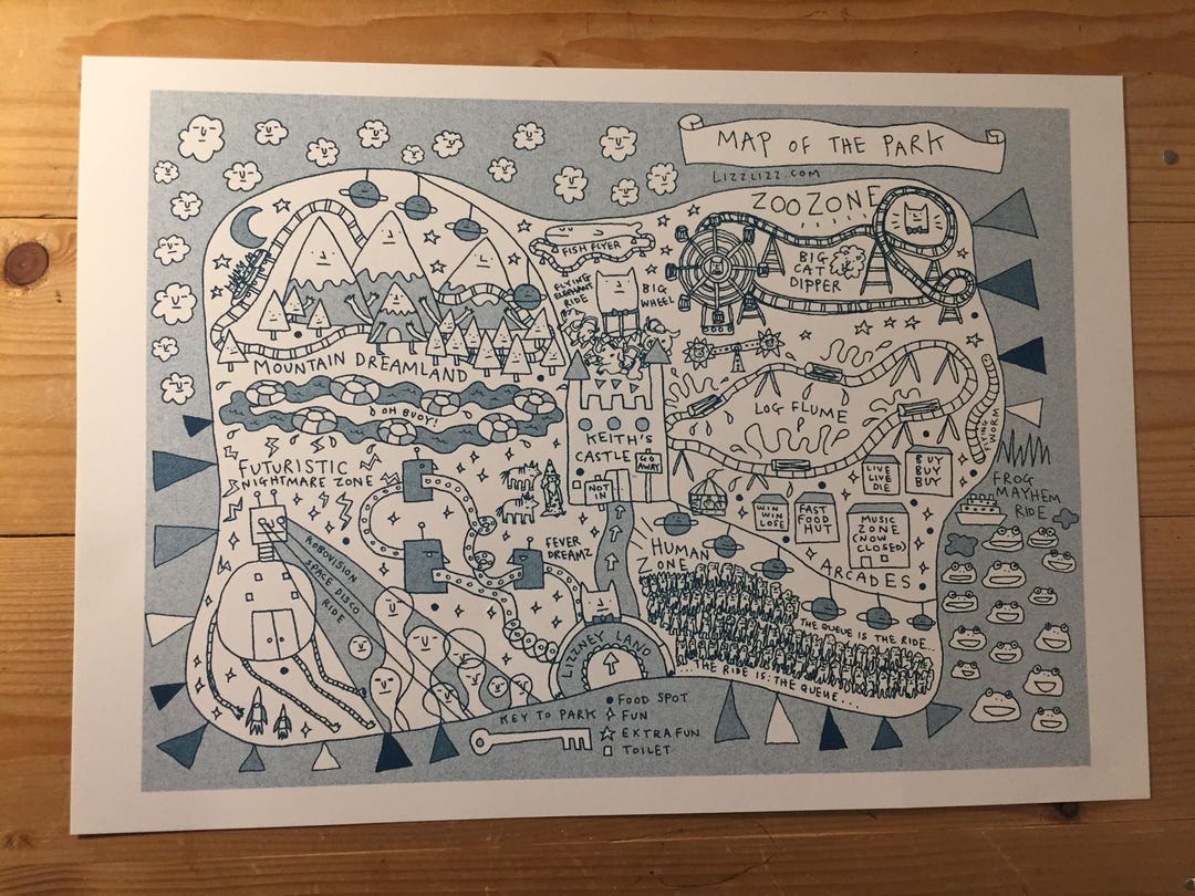 Riso Print: theme Park Map A4 Size Limited Edition Lizz Lunney Comic - Etsy