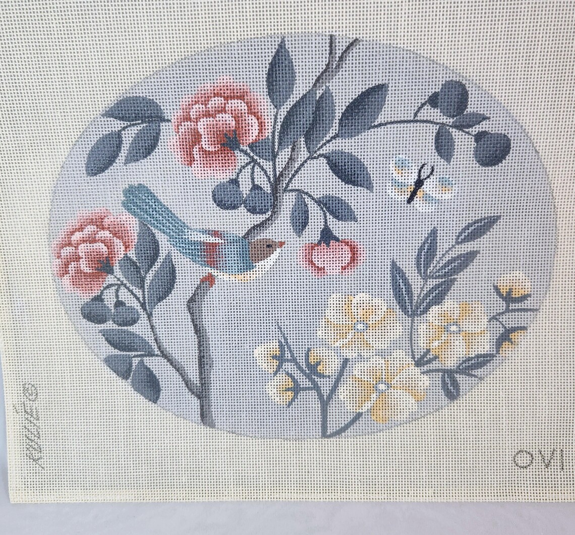Vintage Hand-painted Needlepoint Canvas Bird and Floral Design on ...