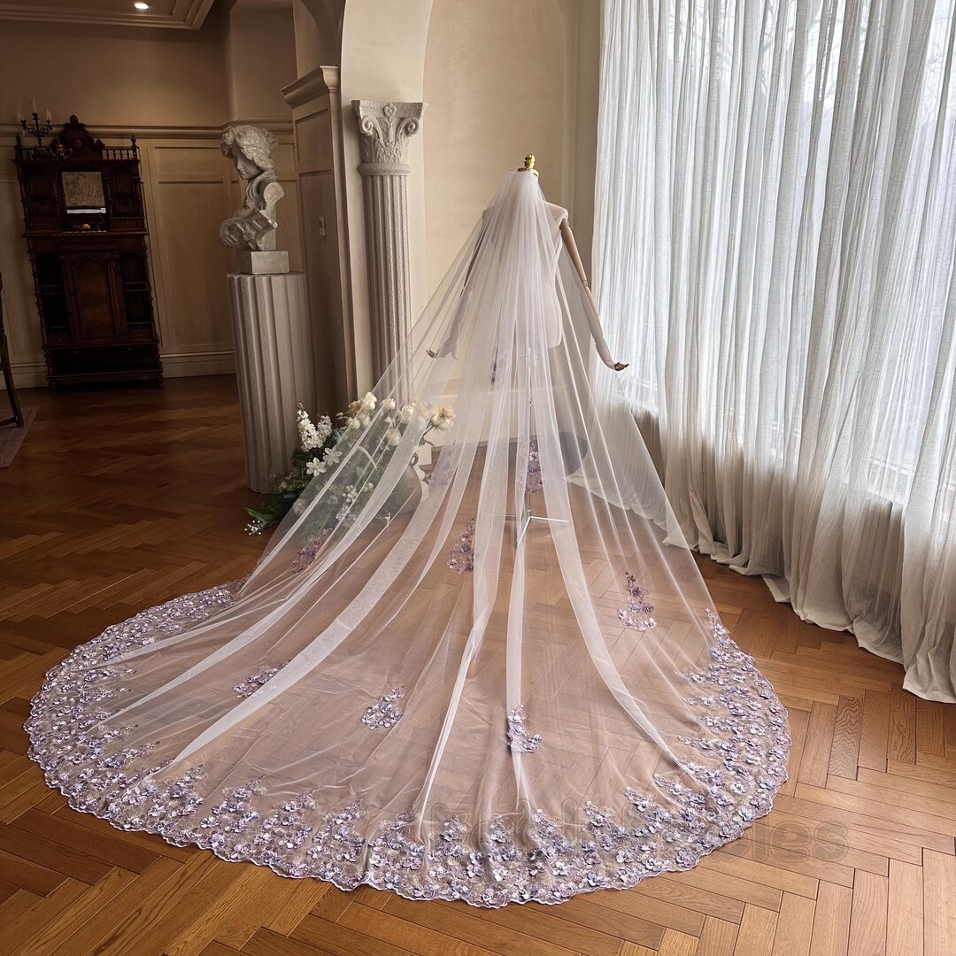 Dreamy Violet Wedding Veil: Floral Lace Embroidered Cathedral Veil - Etsy