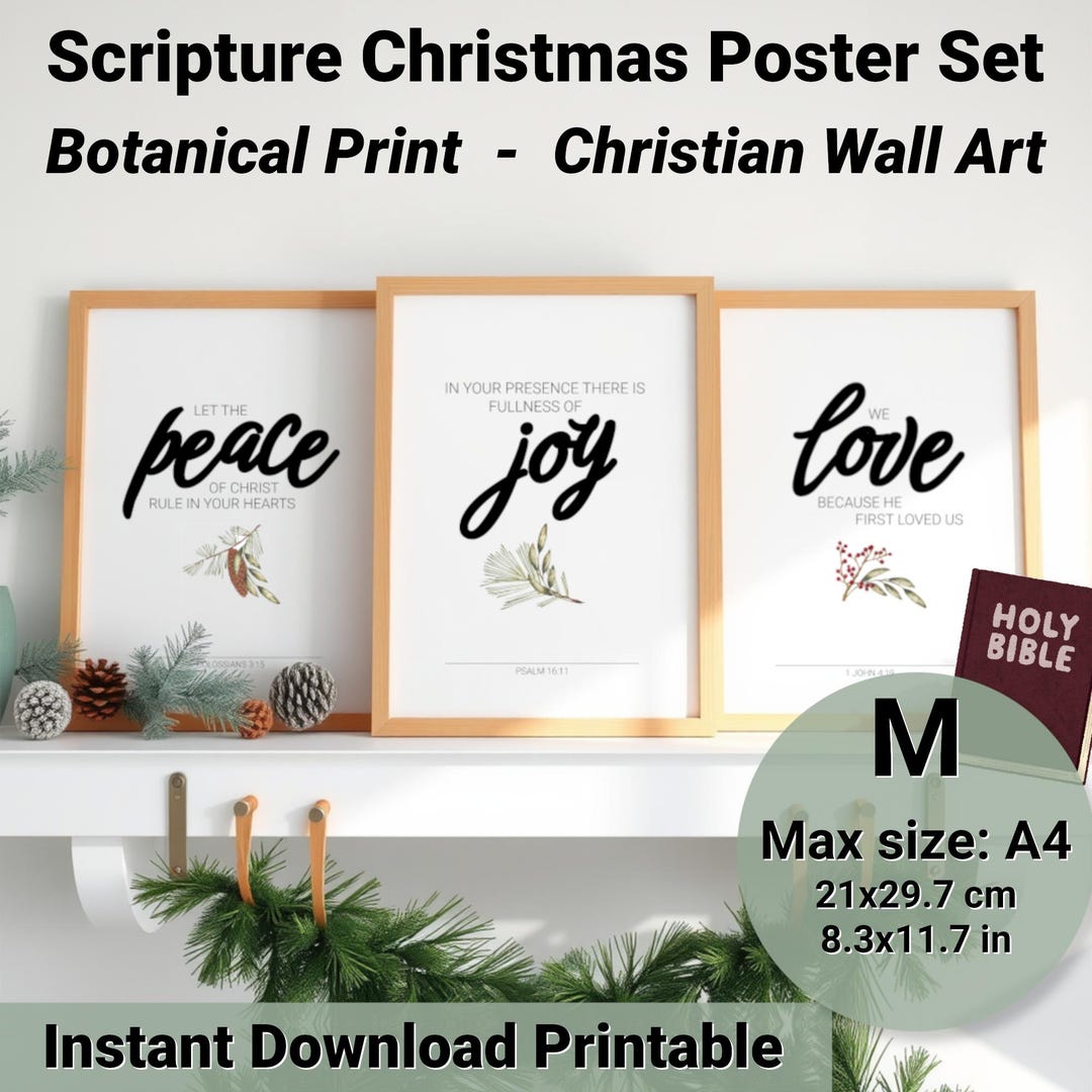 Christmas Bible Verse Poster Set of 3 With Botanical Watercolor Print ...