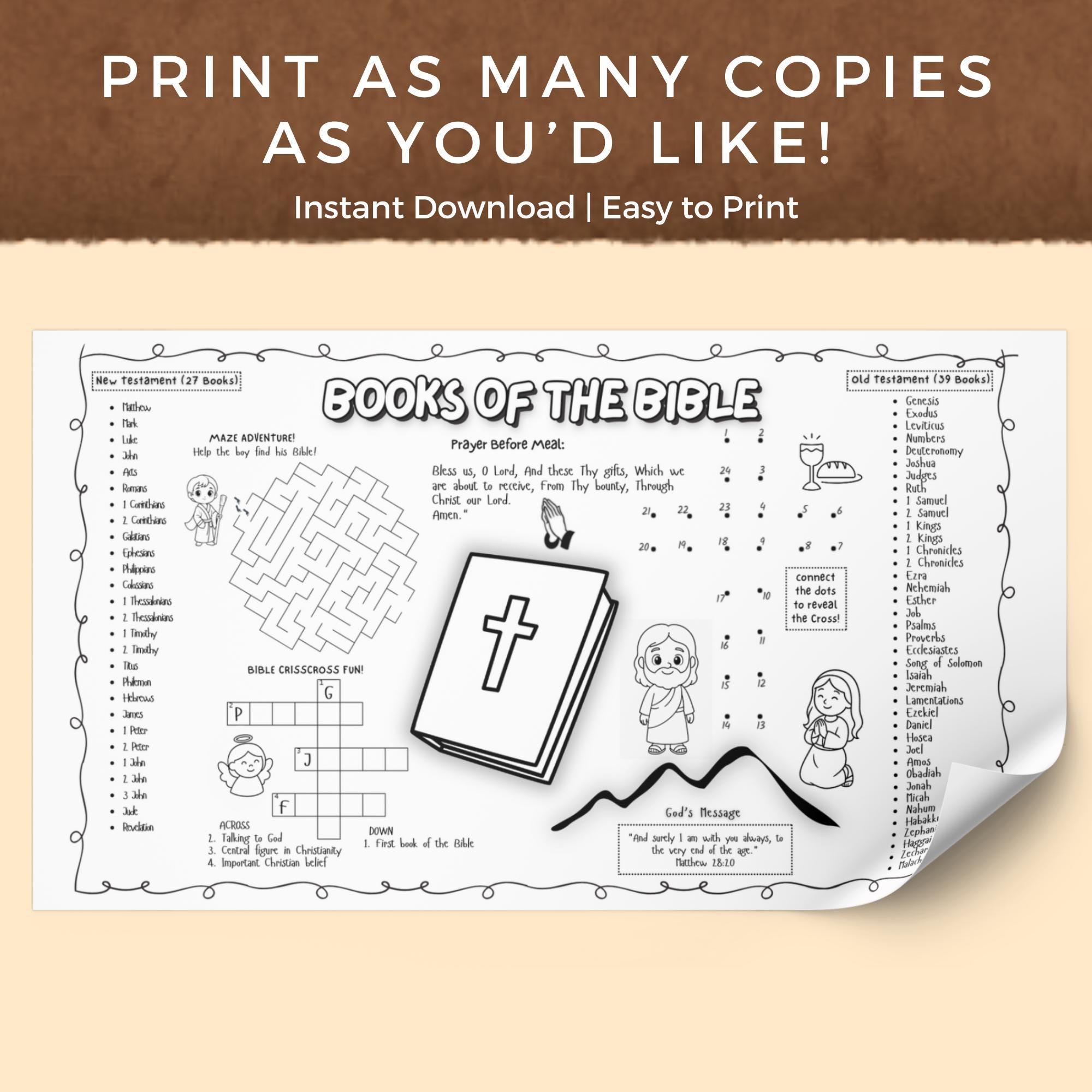 Books of the Bible Kids Activity Mat, Bible Coloring Page, Sunday ...