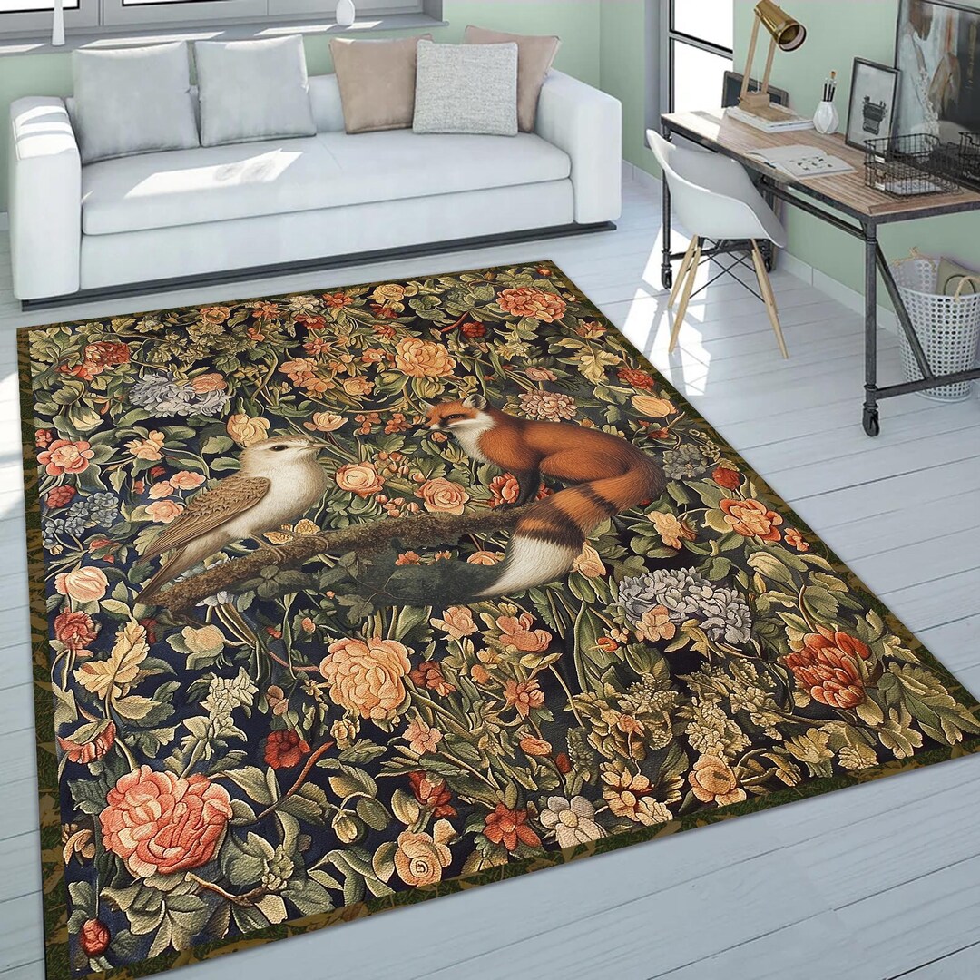 Fox and Bird Floral Rug: Dark Academia Decor - Etsy