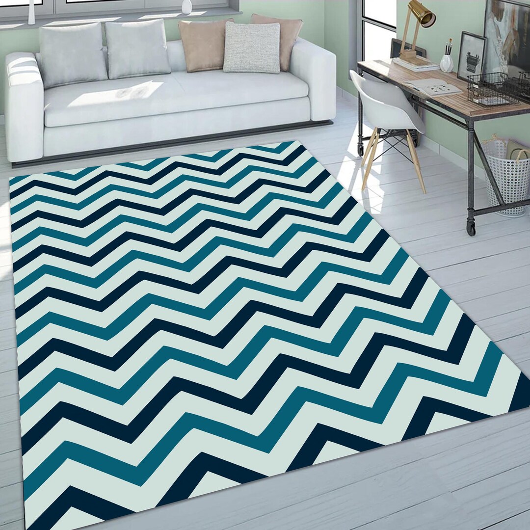 Blue Chevron Area Rug: Zigzag Pattern, Machine Washable, Custom Sizes ...