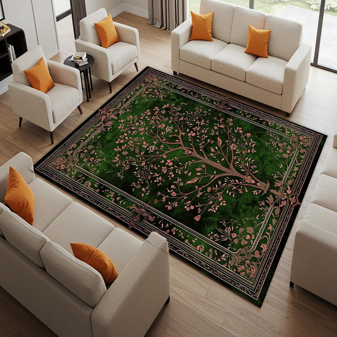 Gothic Area Rug: Dark Green, Pink Flowers, Medieval Art - Etsy