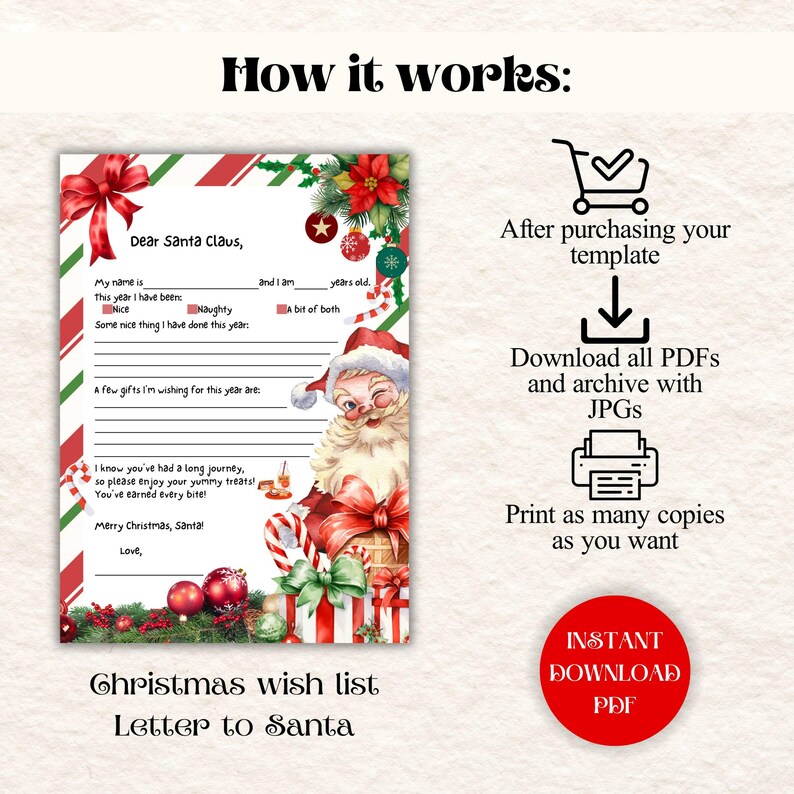 Instant Download Letter to Santa Printable Christmas Wish List for Kids ...