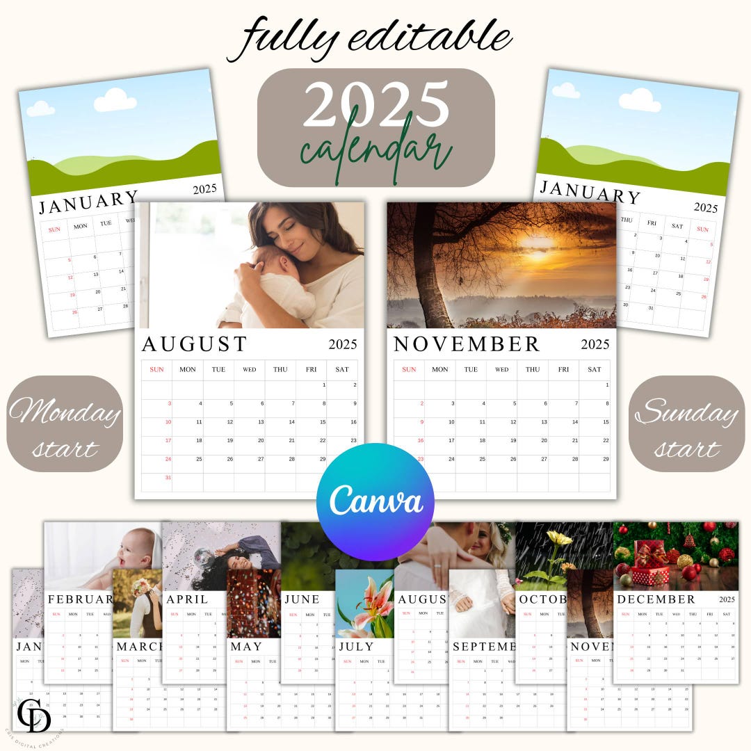 2025 Calendar Template With Photos - Easy to Edit Canva Templates ...