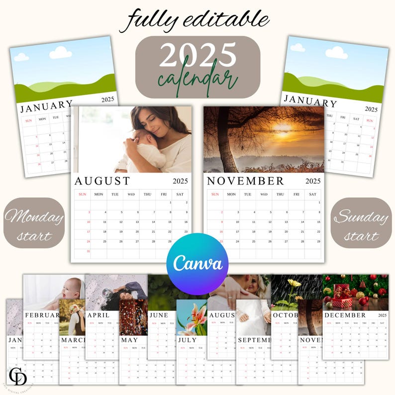 2025 Calendar Template With Photos - Easy to Edit Canva Templates ...