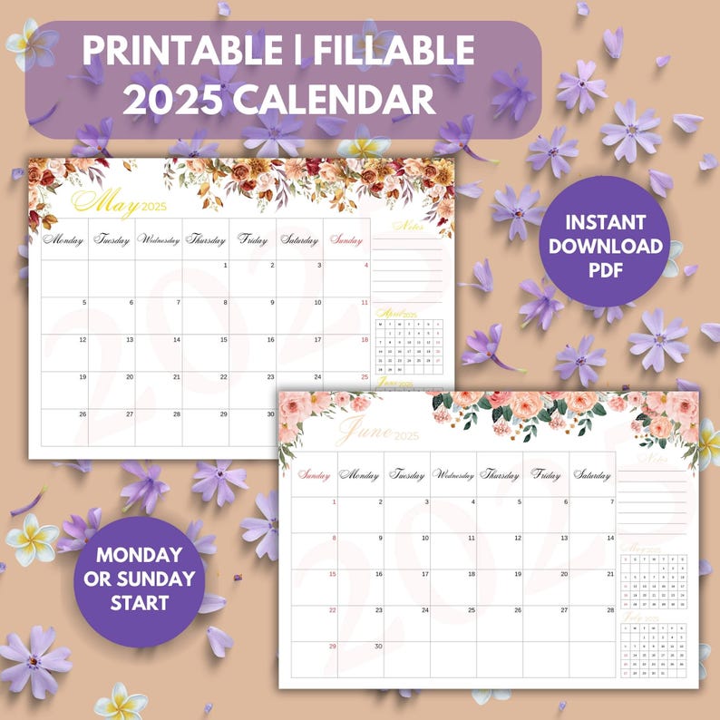 2025 Floral Printable Calendar | Fillable PDF Monthly Planner | Digital ...