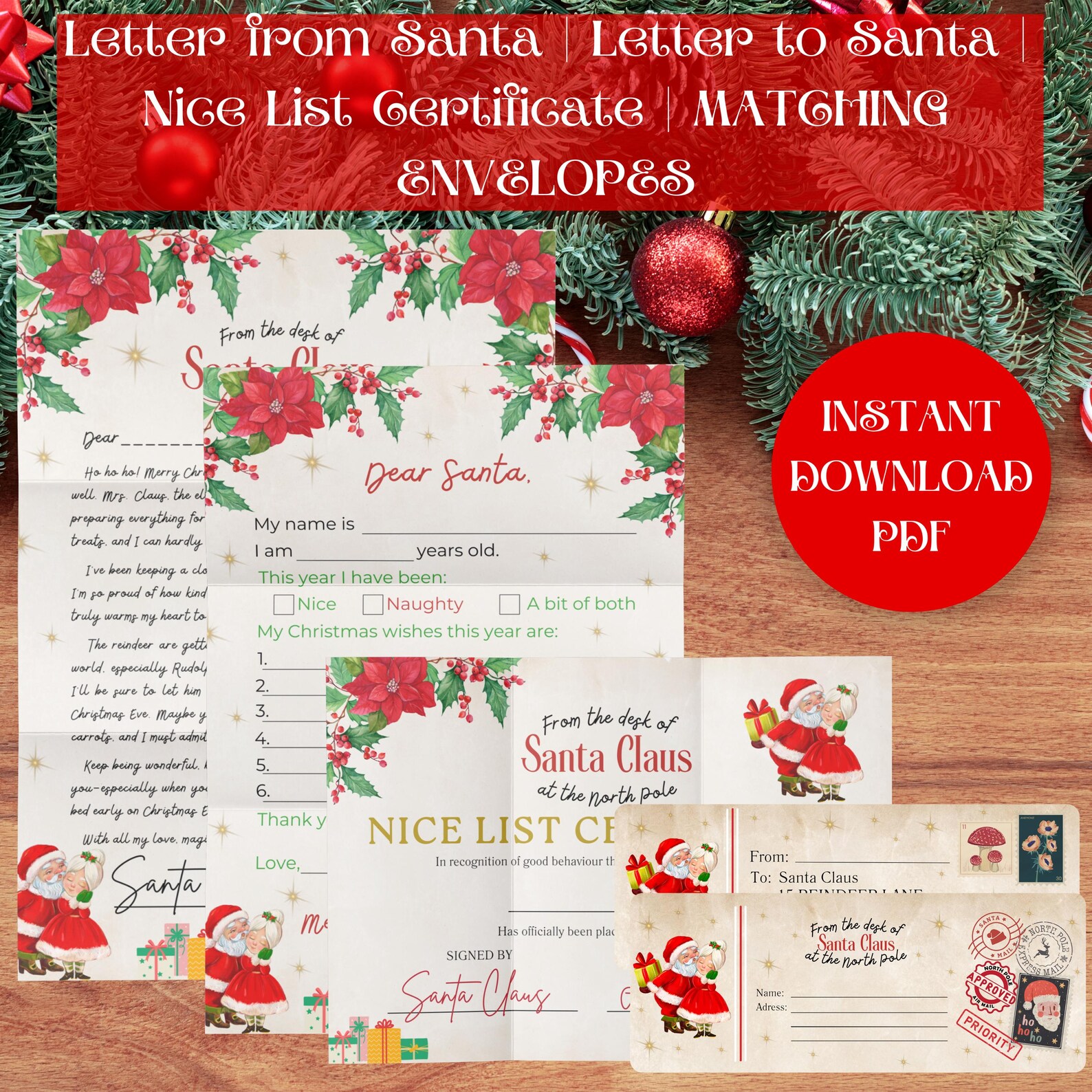 Printable Santa Letter Set With Nice List Certificate & Envelopes ...