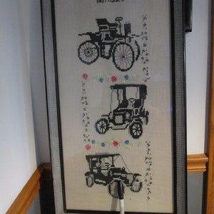 Antique Needlepoint Cars Automobile Large Hand-made -heavy Framed ...