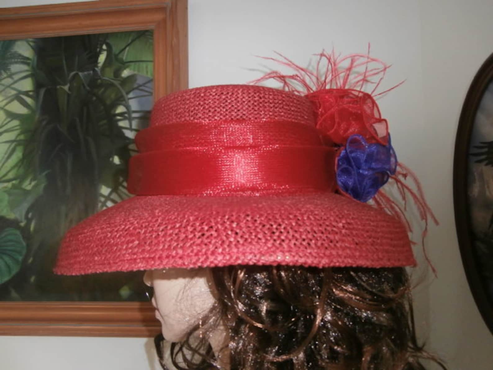 Womens Hat Big Brim Red & Purple Rose /rhinestone/ Red - Etsy