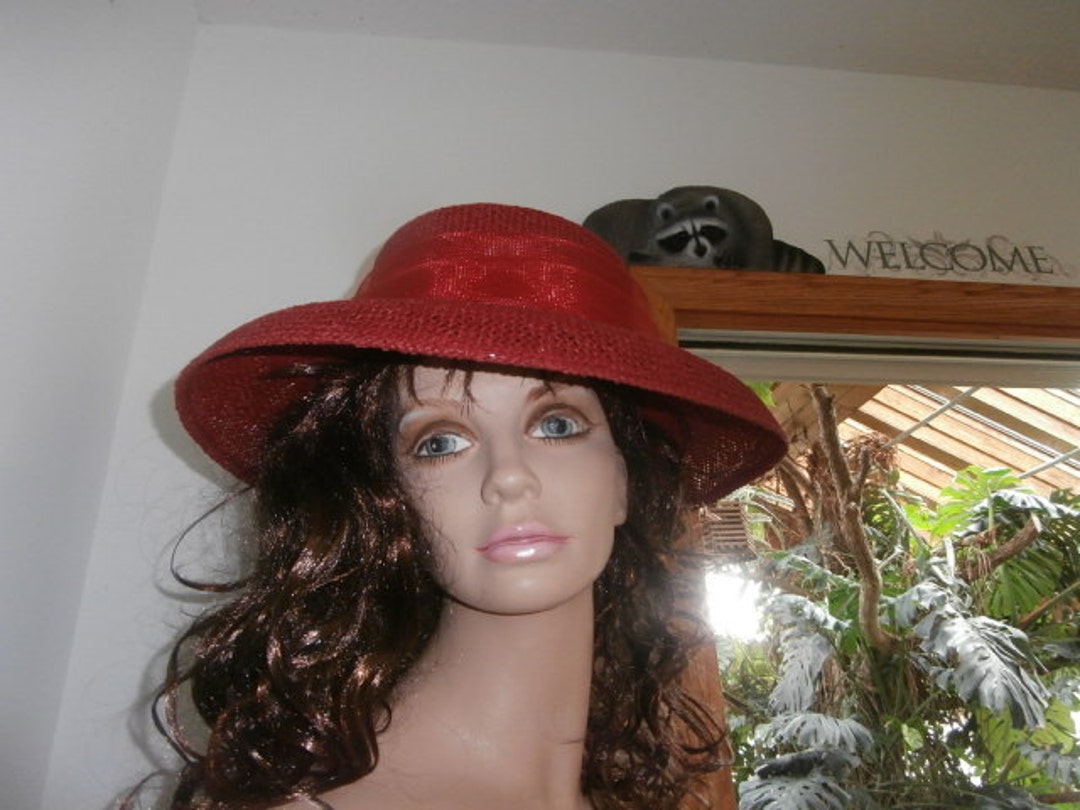 Womens Hat Big Brim Red & Purple Rose /rhinestone/ Red Feathers Vintage ...