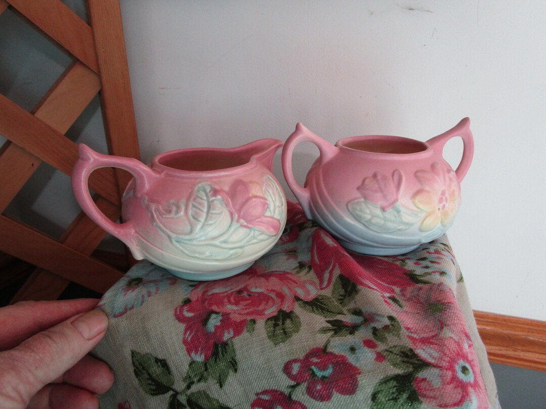 Hull Pink Magnolia Creamer With Open Sugar Bowl Hull Pottery Set Double ...